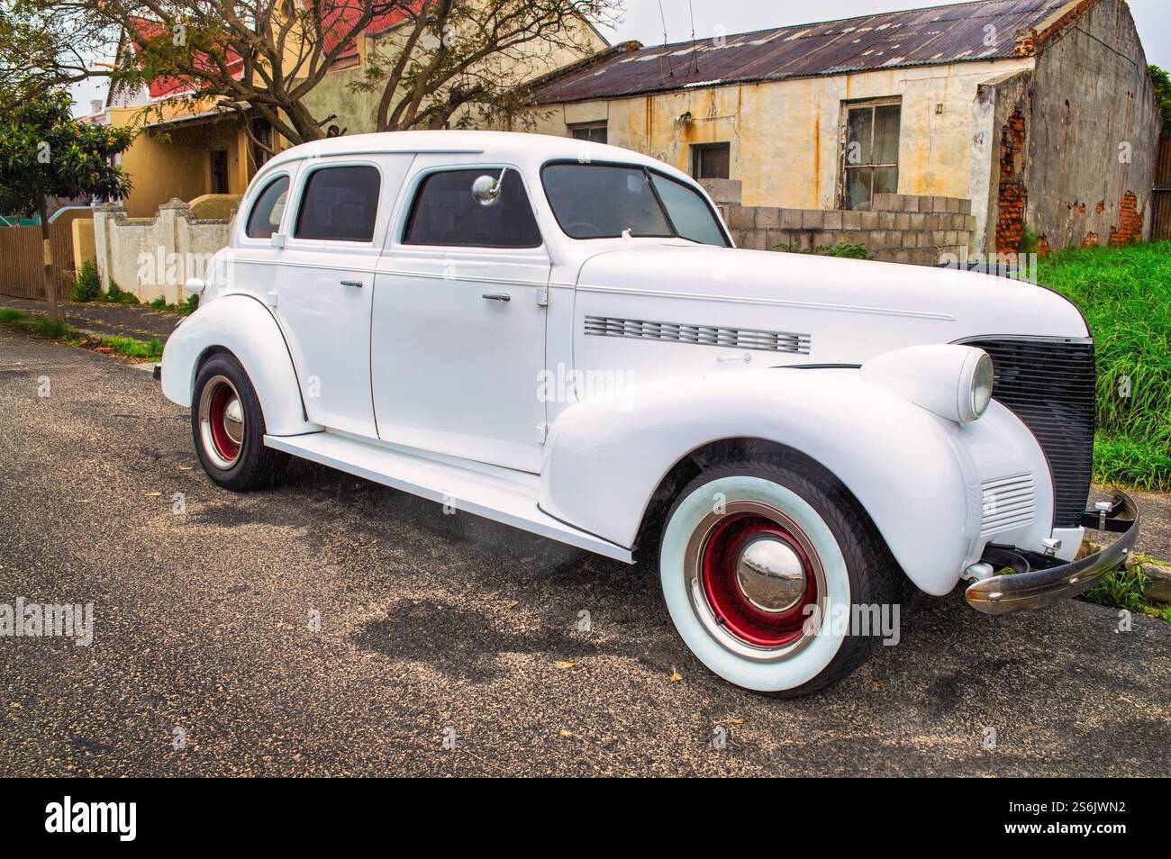 vintage car white rebuild, 1939, old, on the streets of Cape Town ...