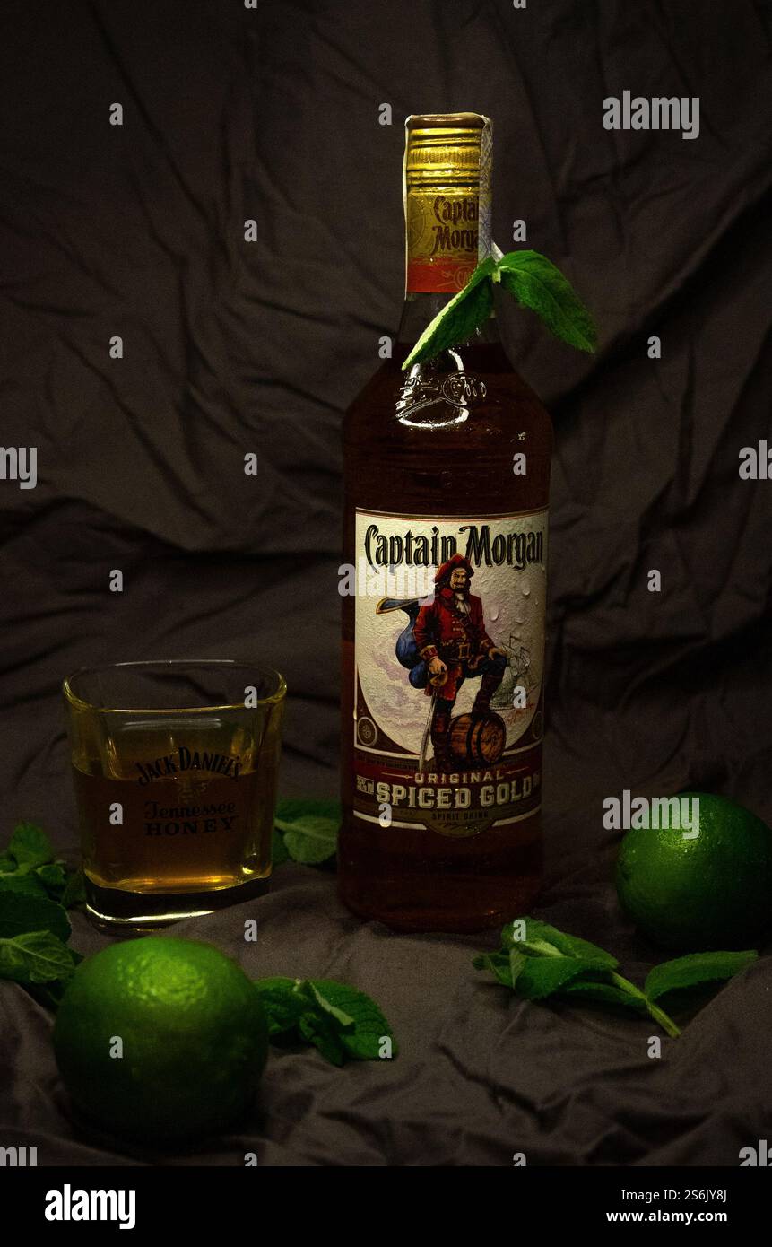 Ukraine Chernigov, 14 August 2022... The bottle of Captain Morgan ...