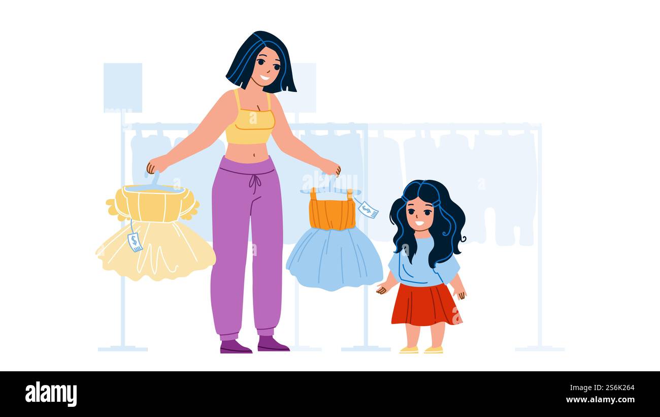 Girl Kid Shopping And Choose Dress In Store Vector. Mother And Kid ...