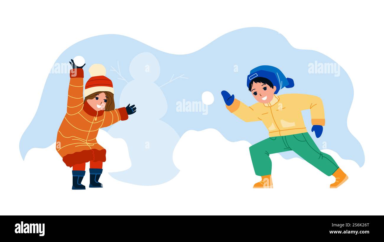 Kids Play With Winter Snow Balls Together Vector. Boy And Girl Friends ...