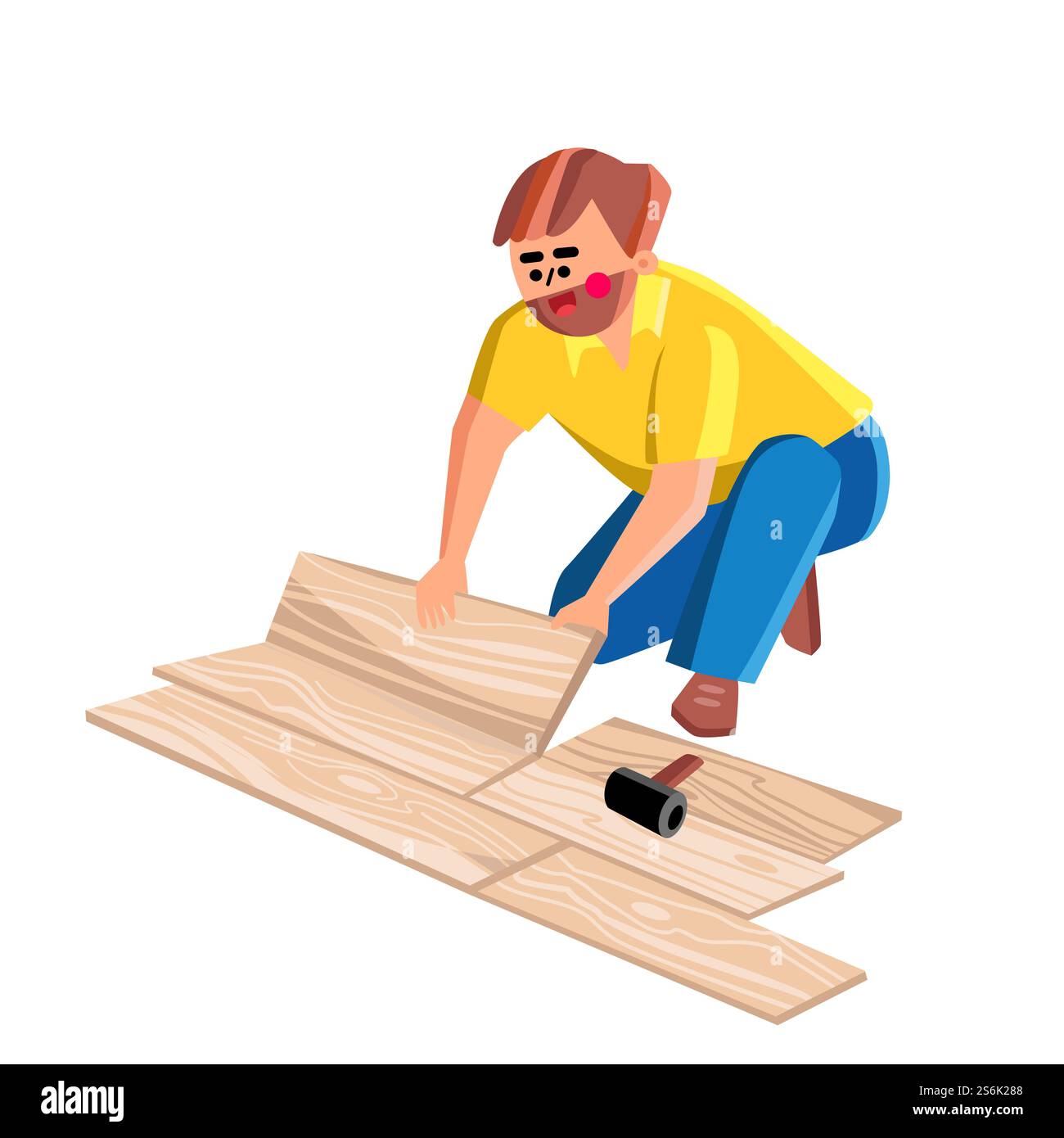 Floor Worker Lay Wooden Panel Of Laminate Vector. Floor Worker Man ...