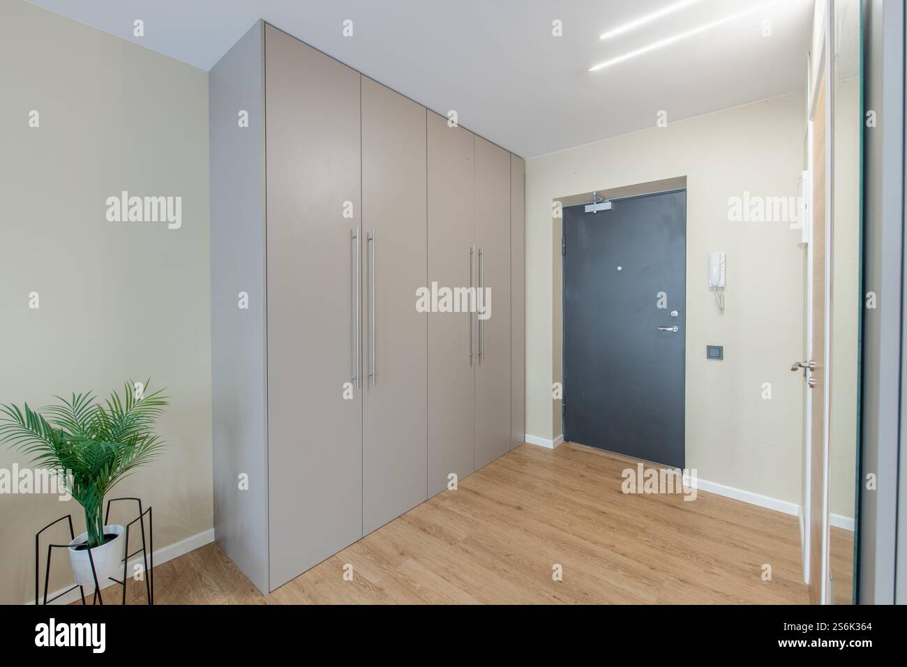 Home Entrance Hall. Interior. Wooden Black Outdoor Door, Brown Flooring ...