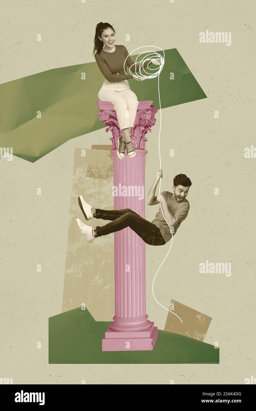 Trend artwork creative sketch 3D photo collage of young lady smile sit ...