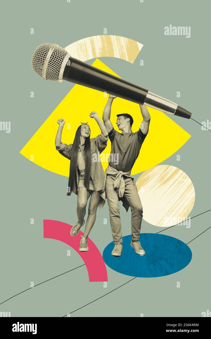 Creative 3D photo collage trend artwork template of couple young lady ...
