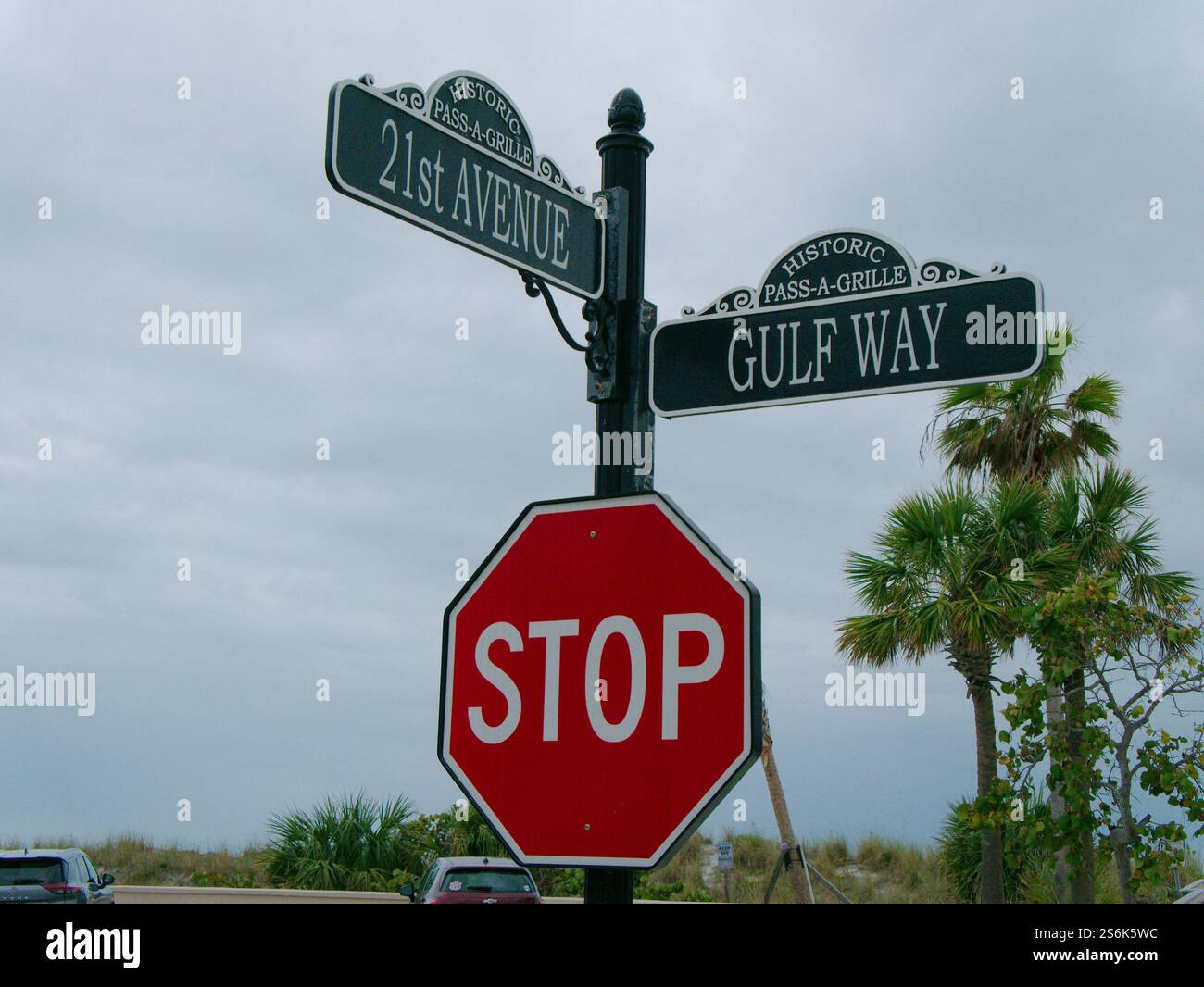 St. Pete Beach, FL, USA. Pass-a-Grille beach Stop sign and street pole ...
