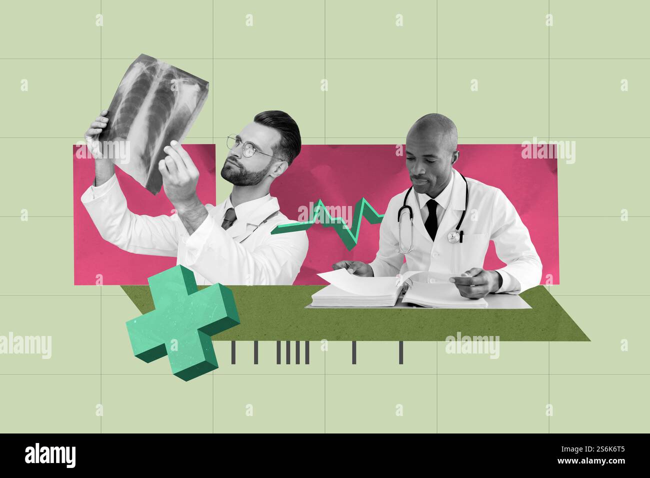 3d sketch poster trend collage image of two doctor man worker hold x ...