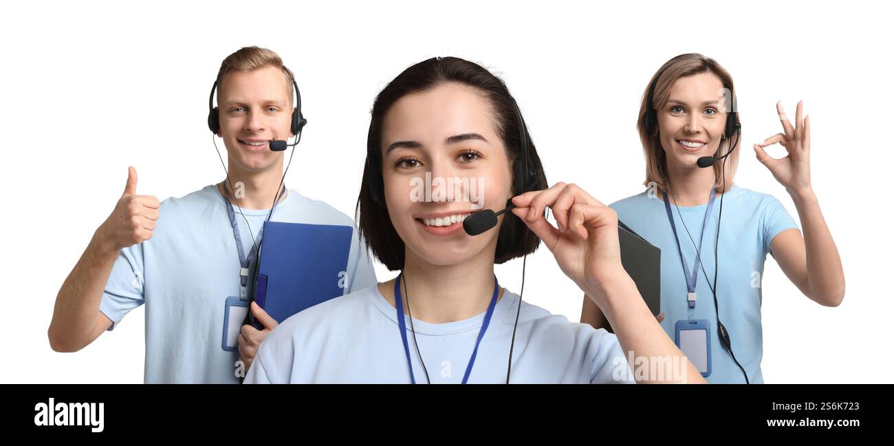 Technical support call center. Friendly operators with headsets on ...
