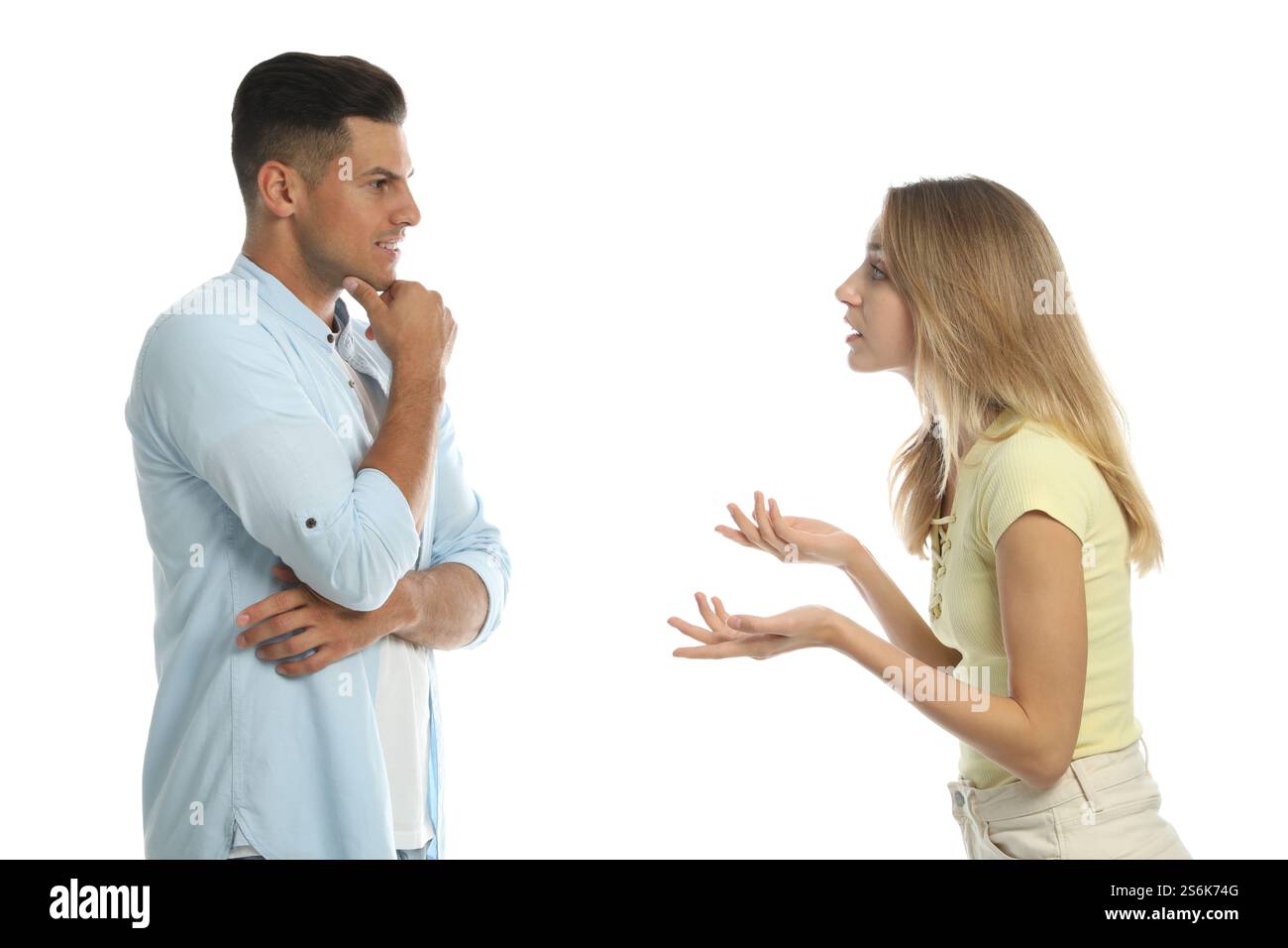 Man and woman talking on white background Stock Photo - Alamy