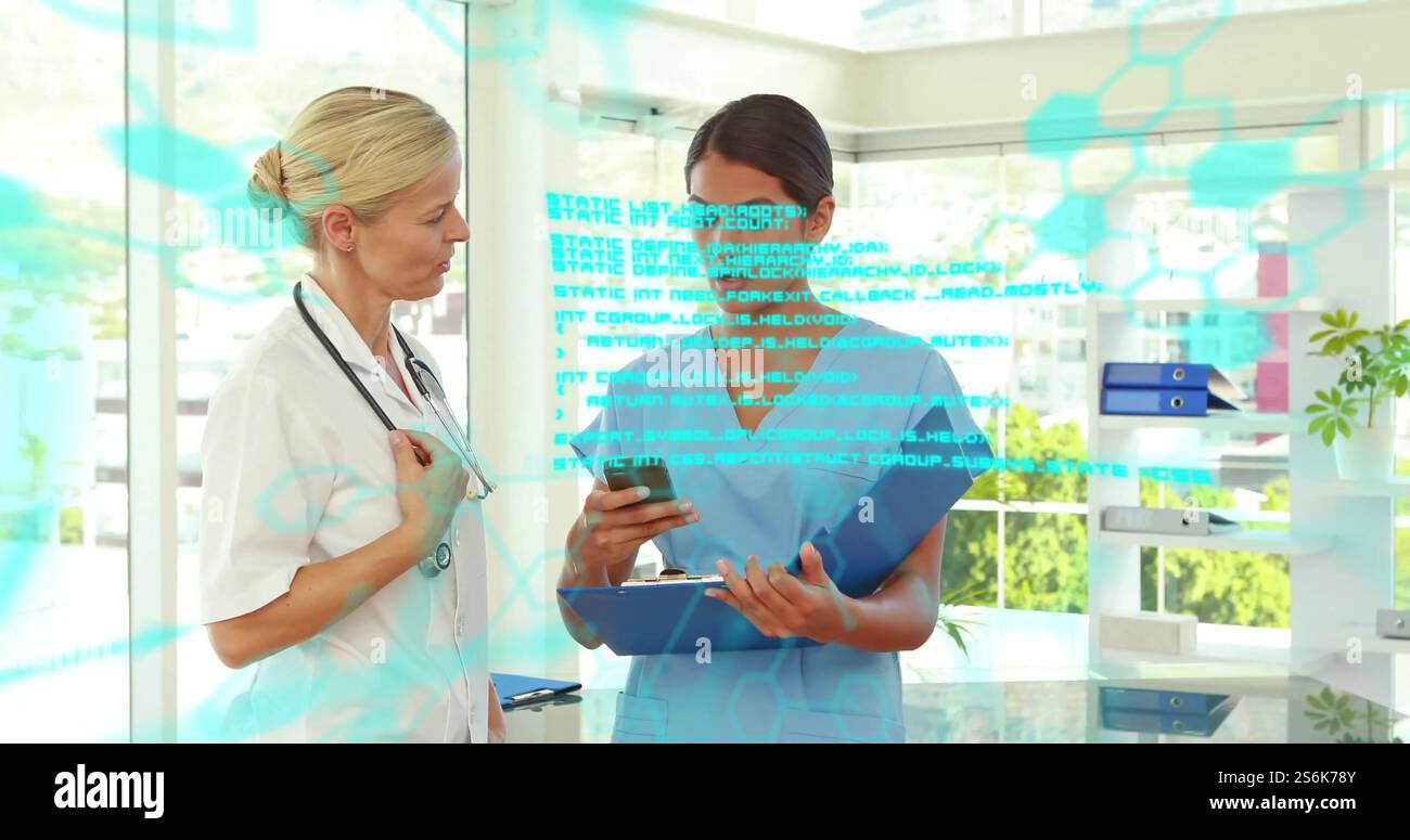 Image of data processing over diverse female doctors talking Stock ...