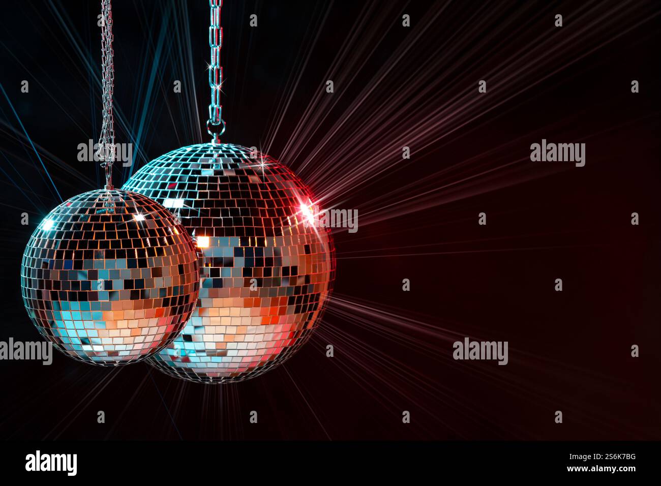 Disco balls reflecting light on dark background. Nightclub decoration ...