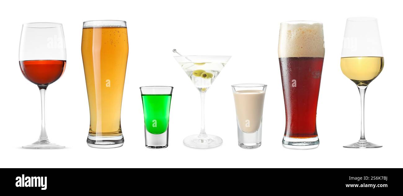 Absinthe and other alcohol drinks isolated on white, set Stock Photo ...