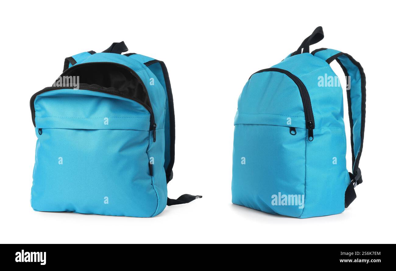 Light blue backpack isolated on white, collage. Different sides Stock ...