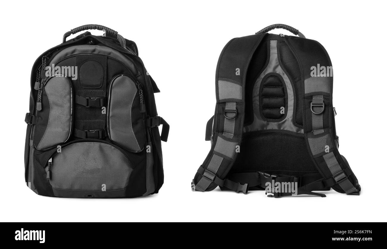 Black and grey backpack isolated on white, collage. Different sides ...