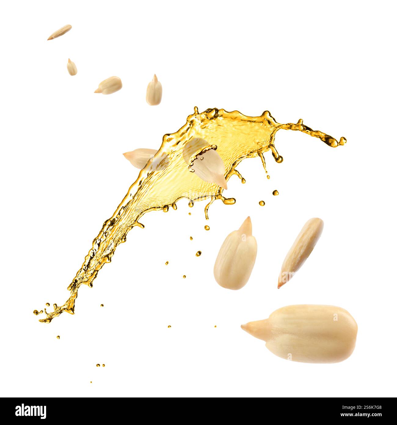 Cooking oil splash and flying sunflower seeds on white background Stock ...