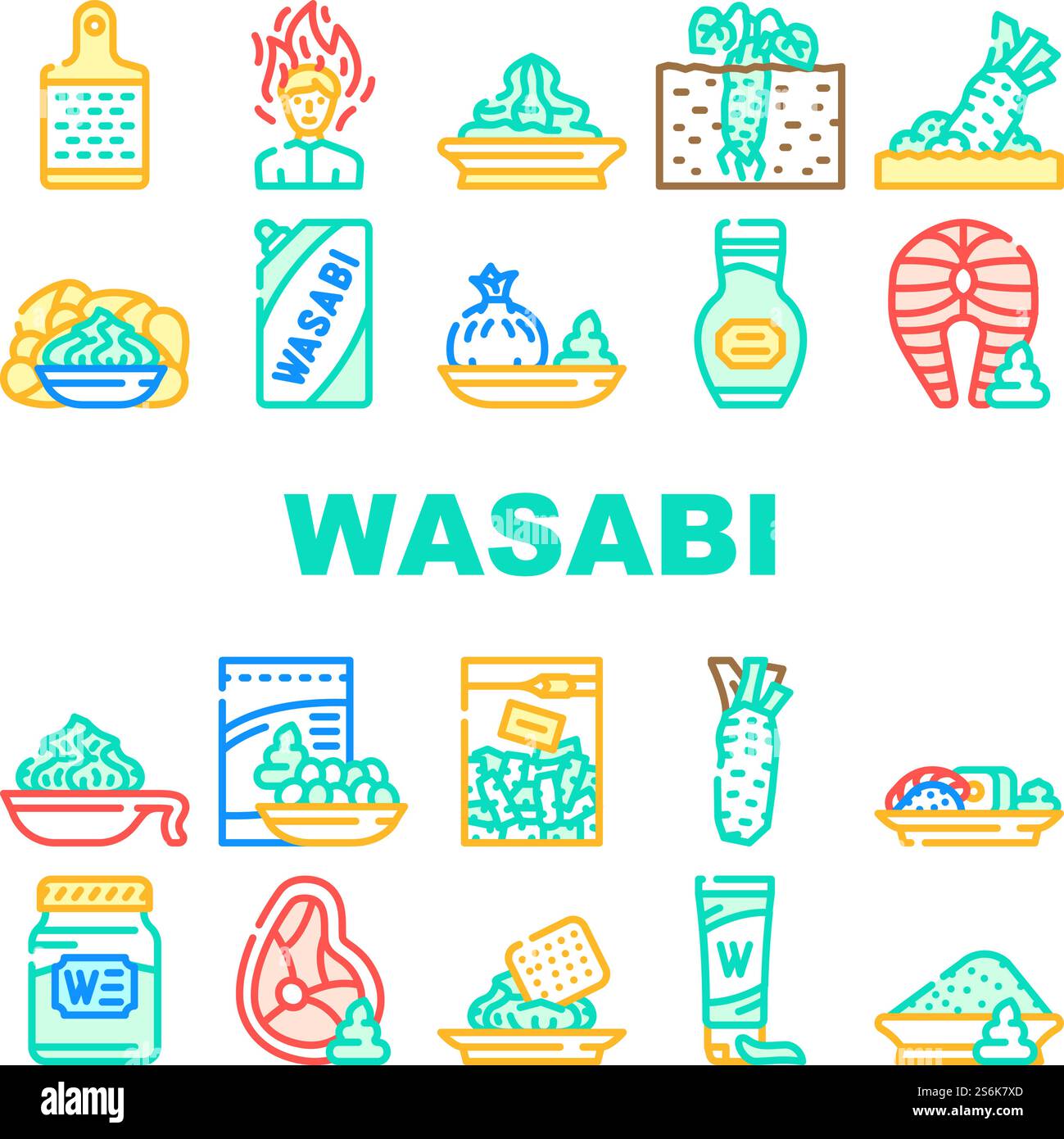 Wasabi Japanese Spice Collection Icons Set Vector. Sushi And Snack With ...