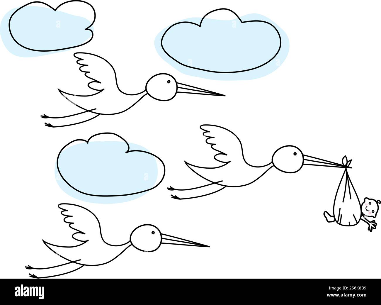 Doodle sketch stork with baby and color fill. Simple design suitable ...