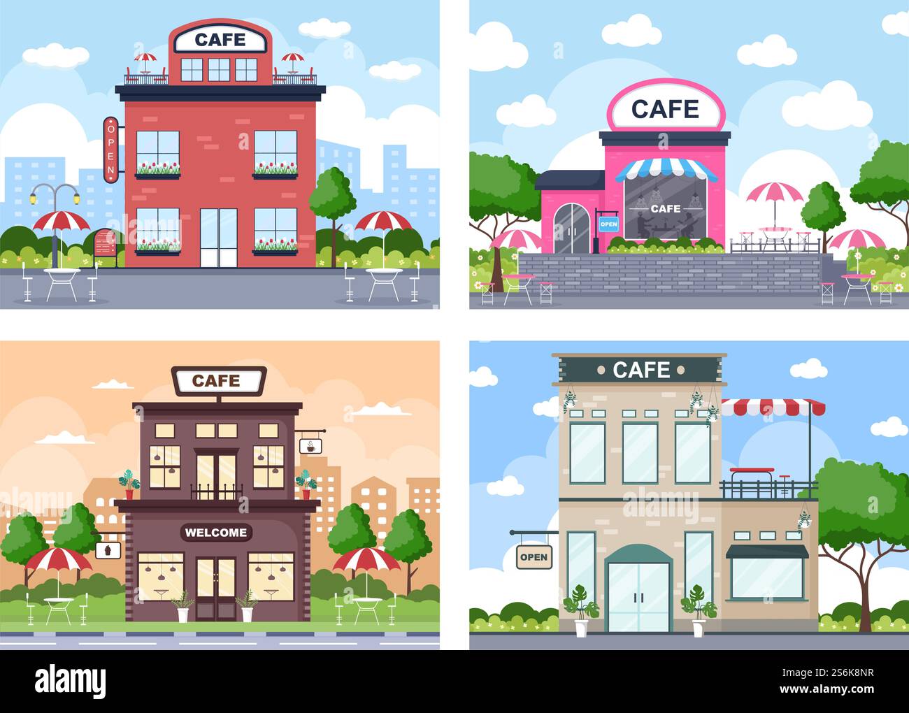 Cafe Illustration With Open Board, Tree, And Building Shop Exterior ...