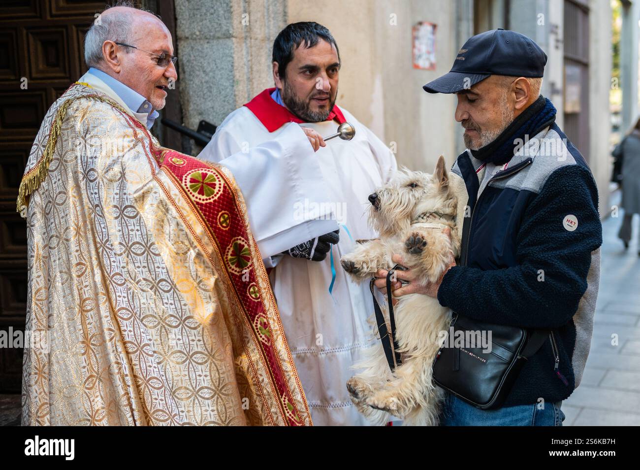 A priest blessing a dog during the day of San Anton, patron of domestic ...