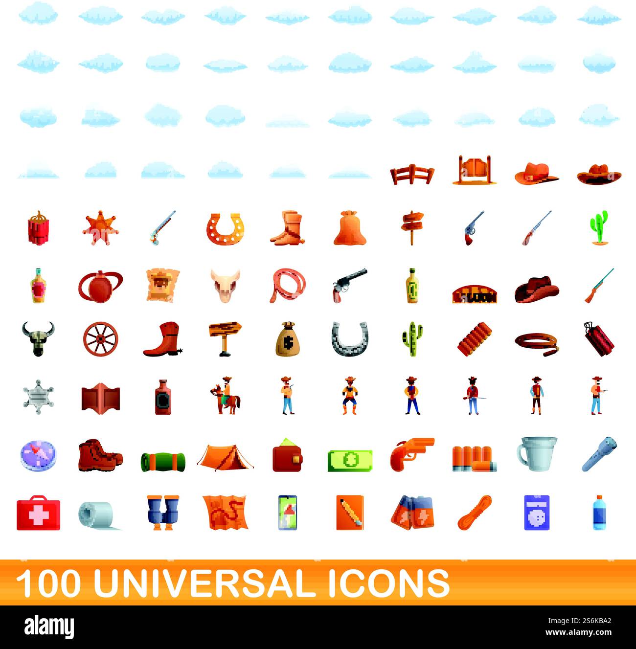 100 universal icons set. Cartoon illustration of 100 universal icons ...