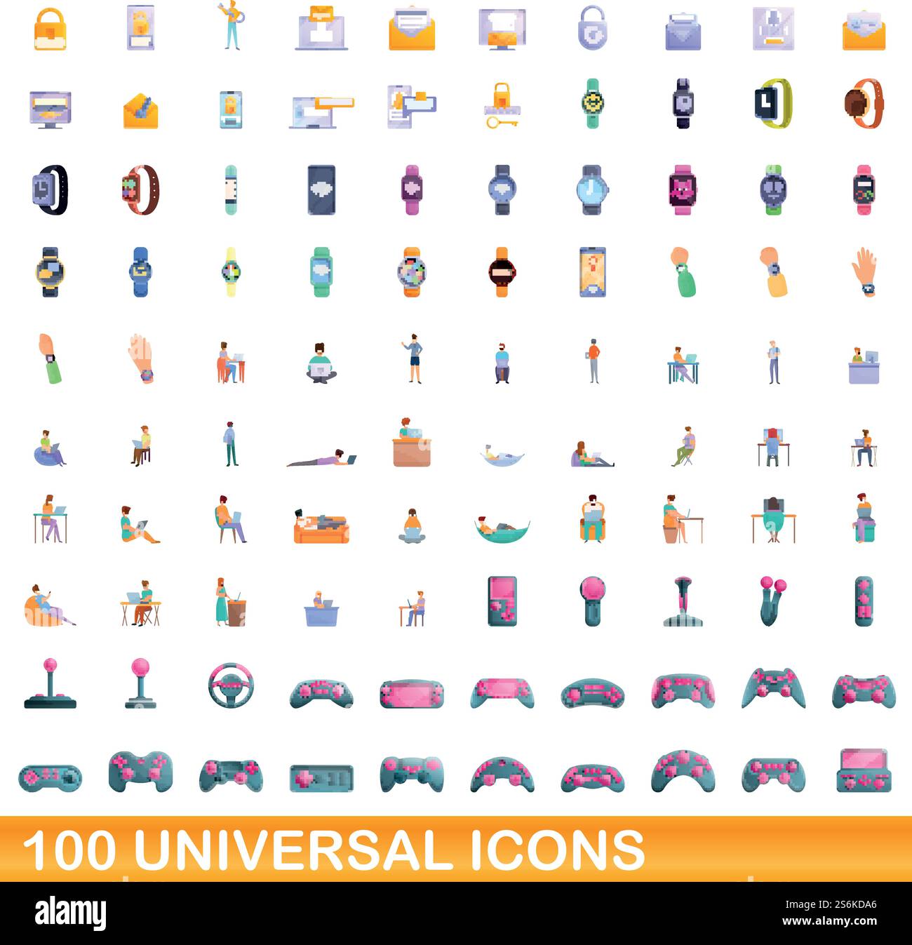 100 universal icons set. Cartoon illustration of 100 universal icons ...