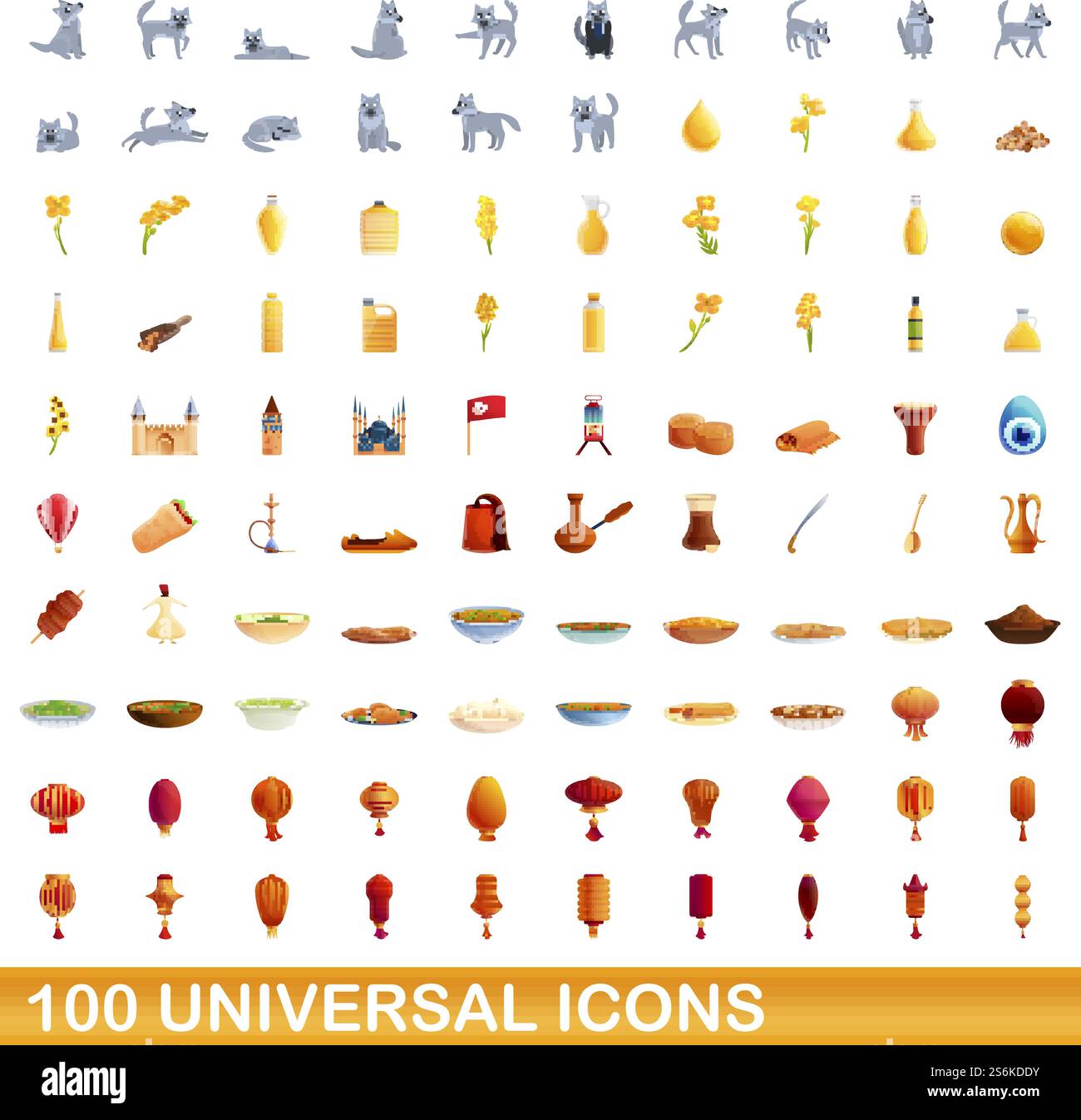 100 universal icons set. Cartoon illustration of 100 universal icons ...