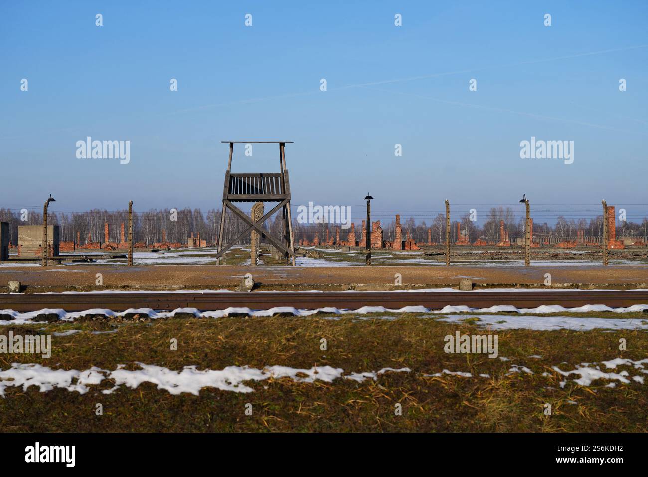 A view of a guard tower at the Memorial and Museum Auschwitz-Birkenau ...