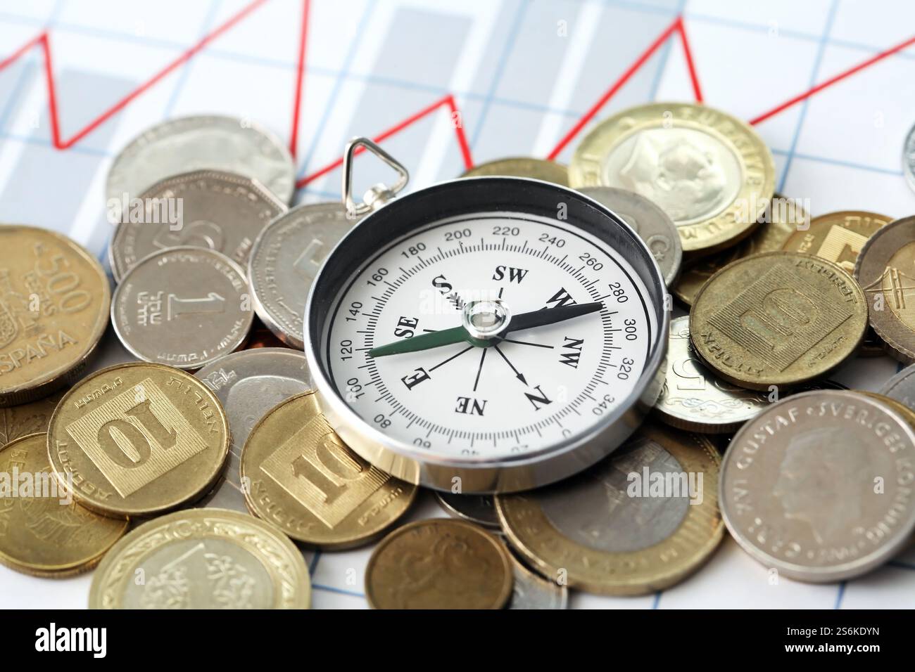 Business concept. Set of coins columns in a row and compass on diagram ...