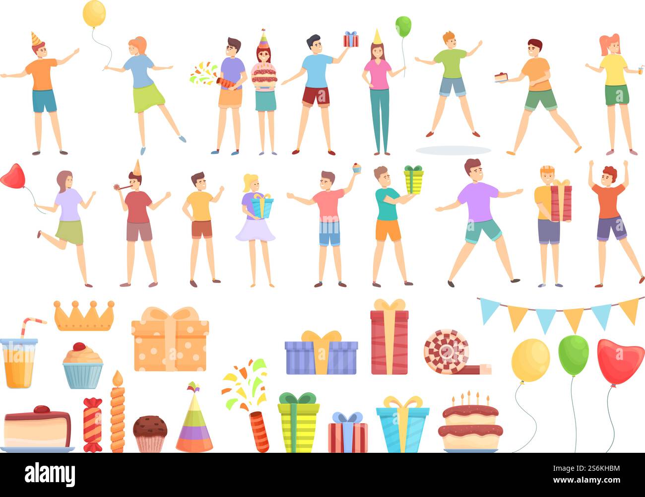 Kids party icons set cartoon vector. Children birthday. School kids ...