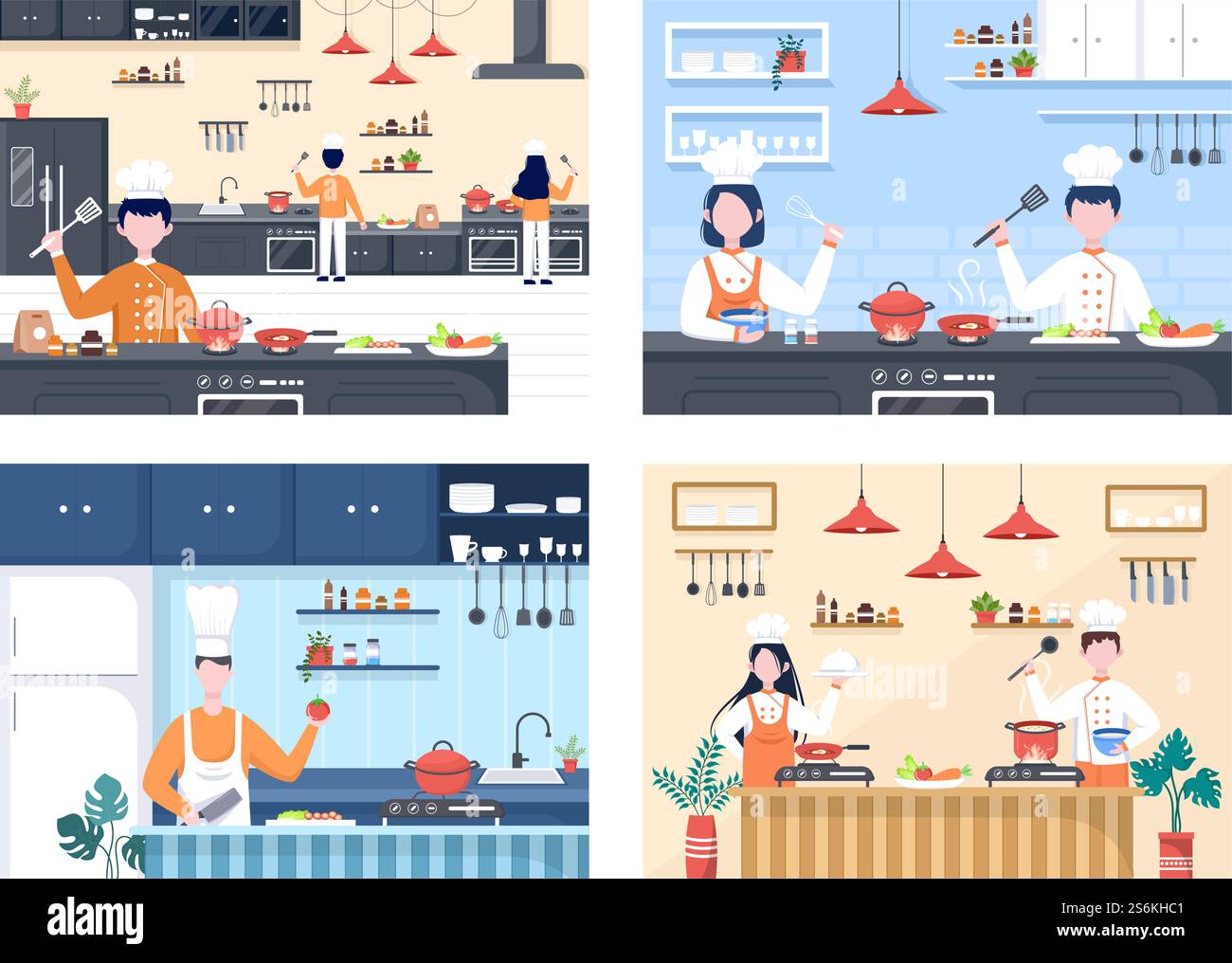 Chef Is Cooking In The Kitchen With Tray, ingredients or Different ...