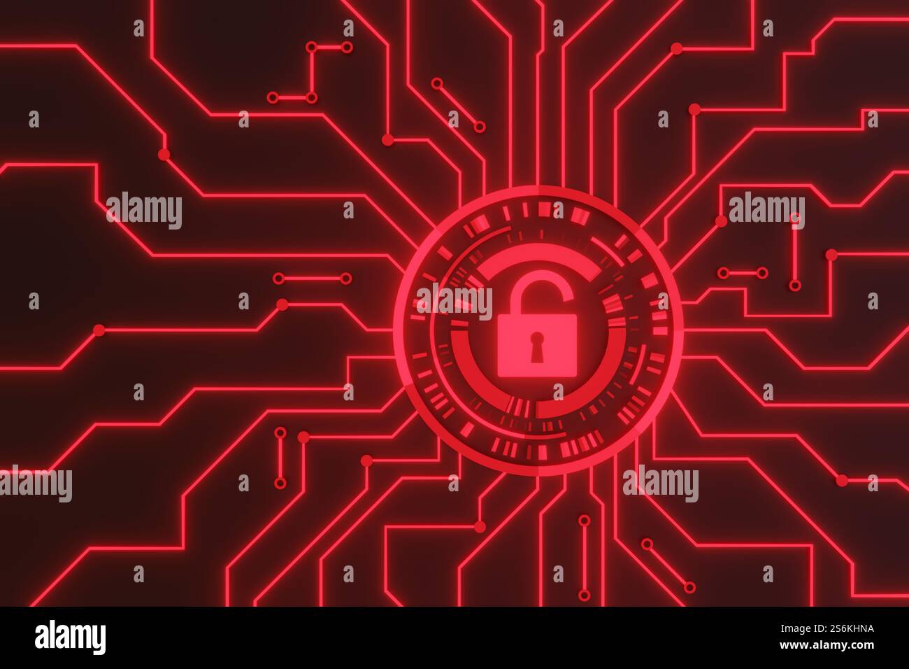 Open padlock glowing in red surrounded by digital circles and ...