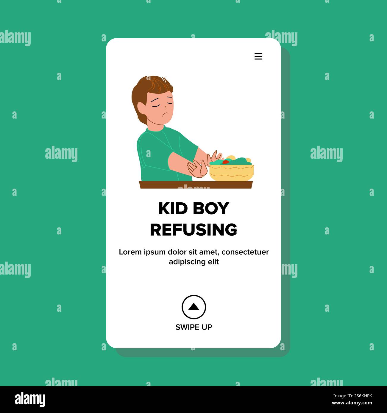 Kid Boy Refusing Vegetarian Salad Food Vector. Sadness Kid Boy Refusing ...