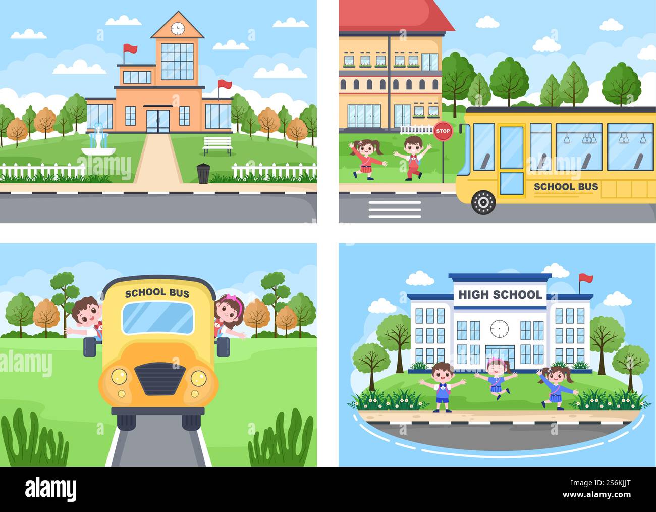 Back To School, Cute Bus and Some Children Are Playing In The Front ...