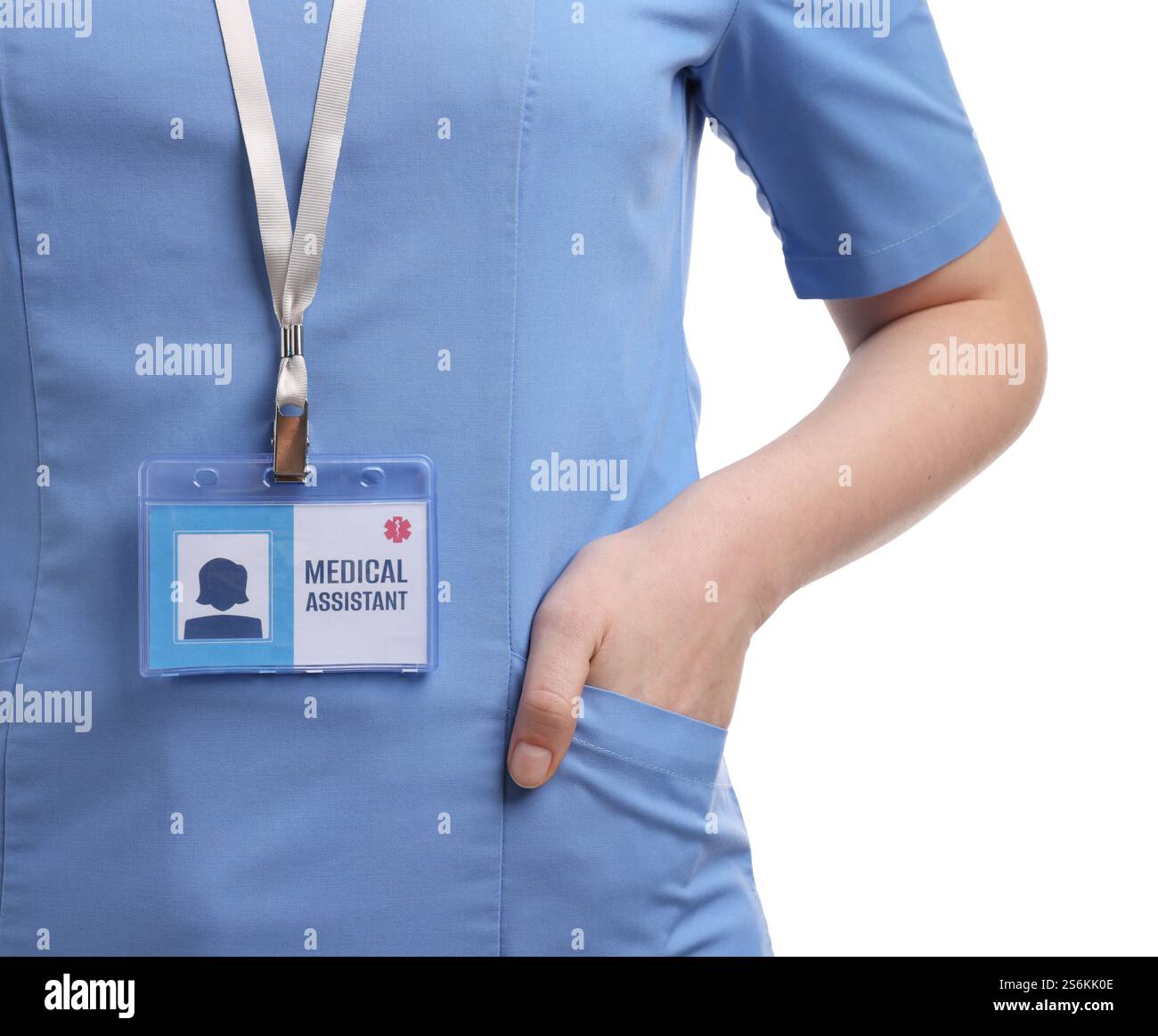 Medical assistant with badge on white background, closeup Stock Photo ...