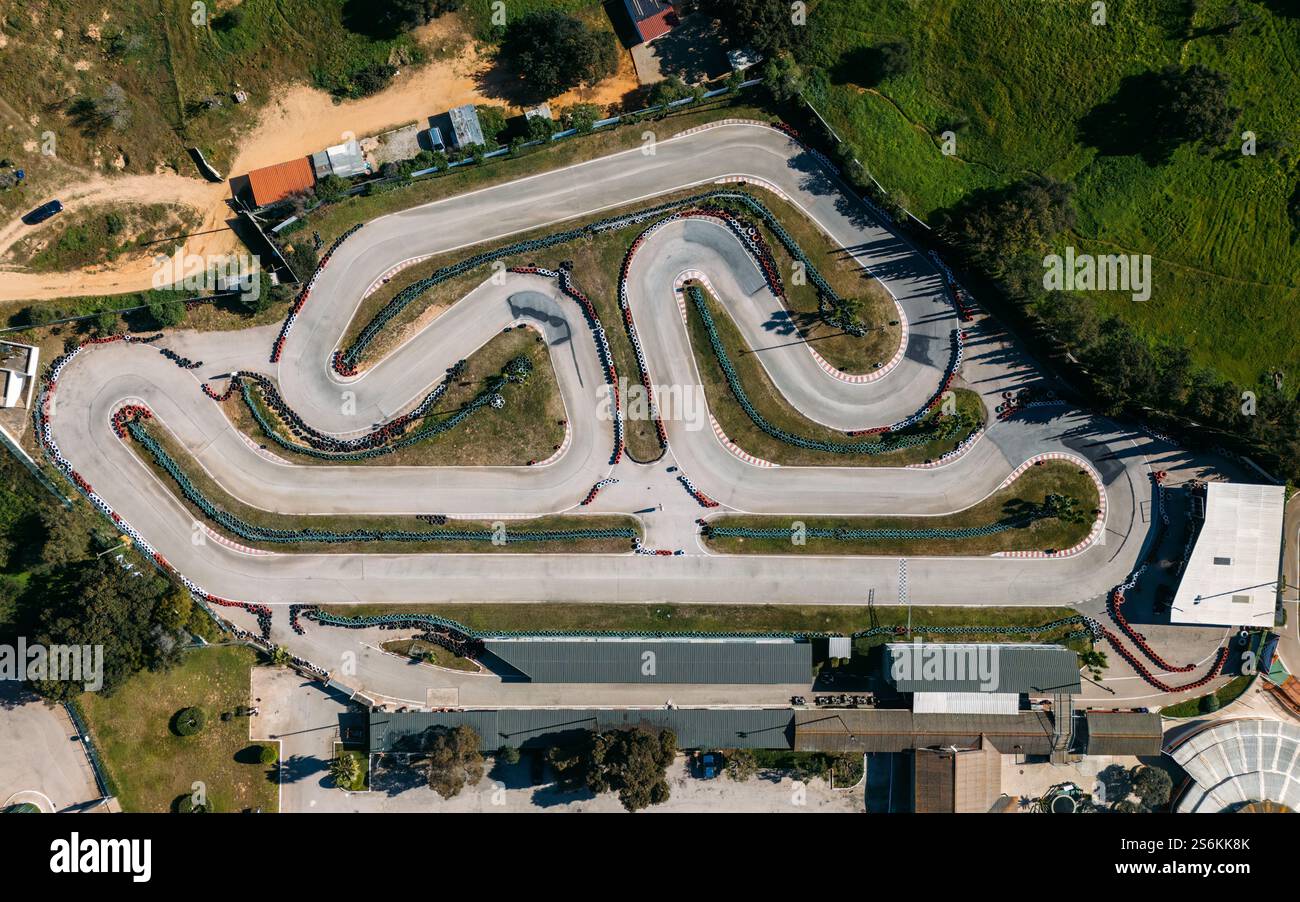 Aerial drone view of Almancil Go-kart track in the Algarve, Portugal ...