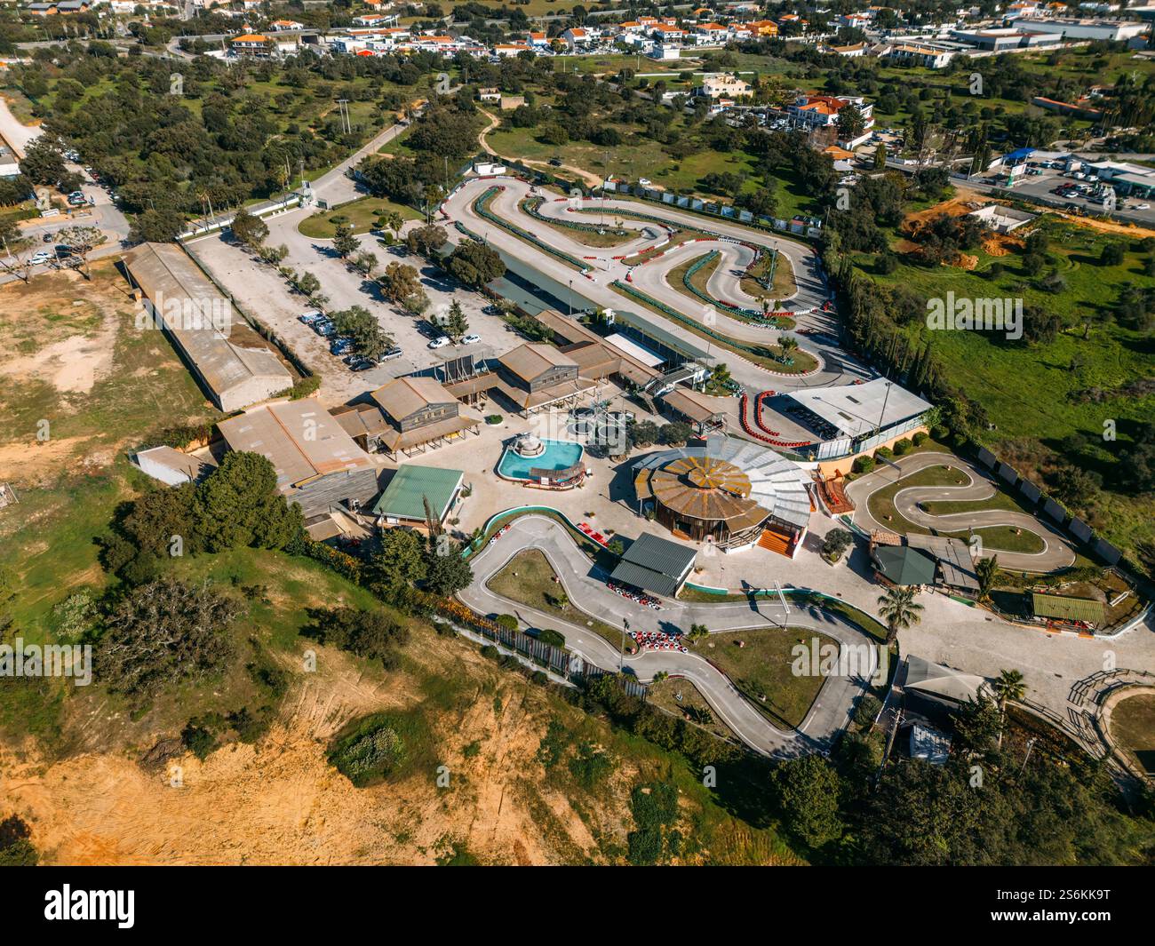 Aerial drone view of Almancil Go-kart track in the Algarve, Portugal ...