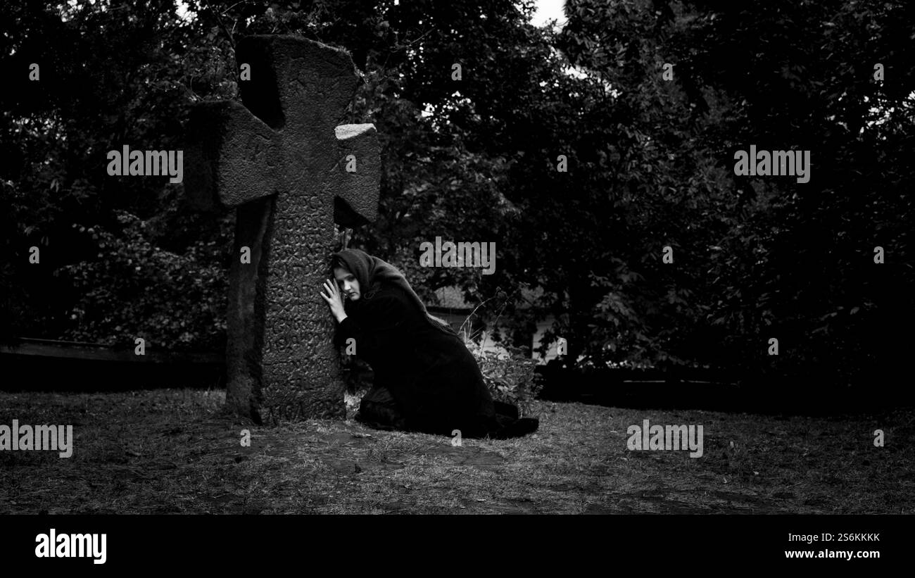 A Mysterious Cemetery Cross Surrounded by Tall, Whispering Trees in a ...