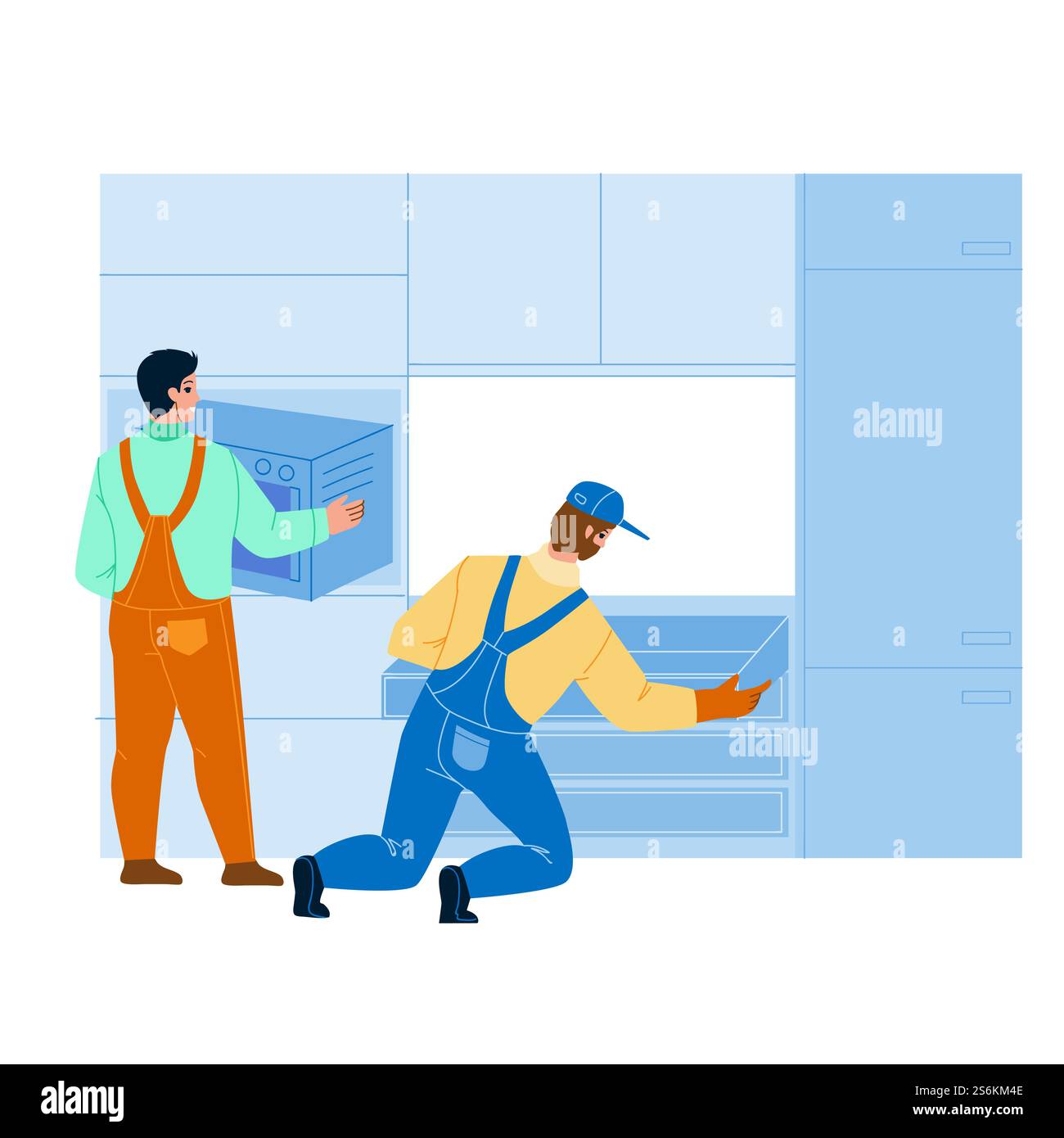 Handyman Workers Install Kitchen Furniture Vector. Professional ...