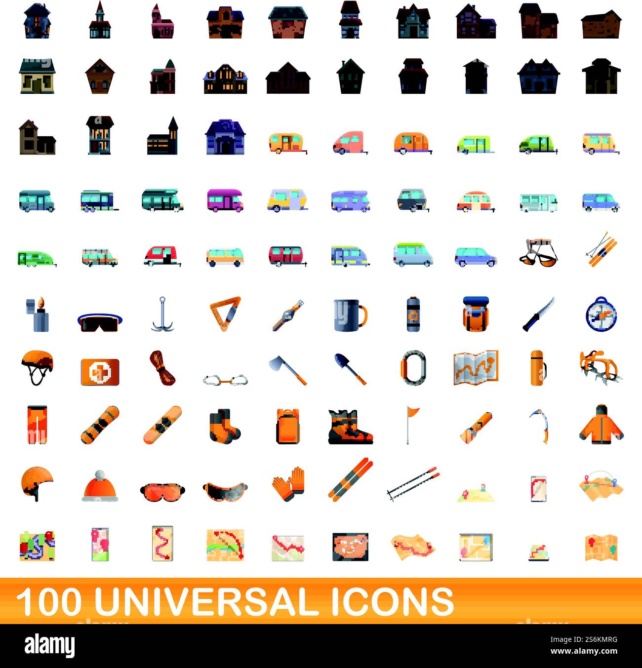 100 universal icons set. Cartoon illustration of 100 universal icons ...