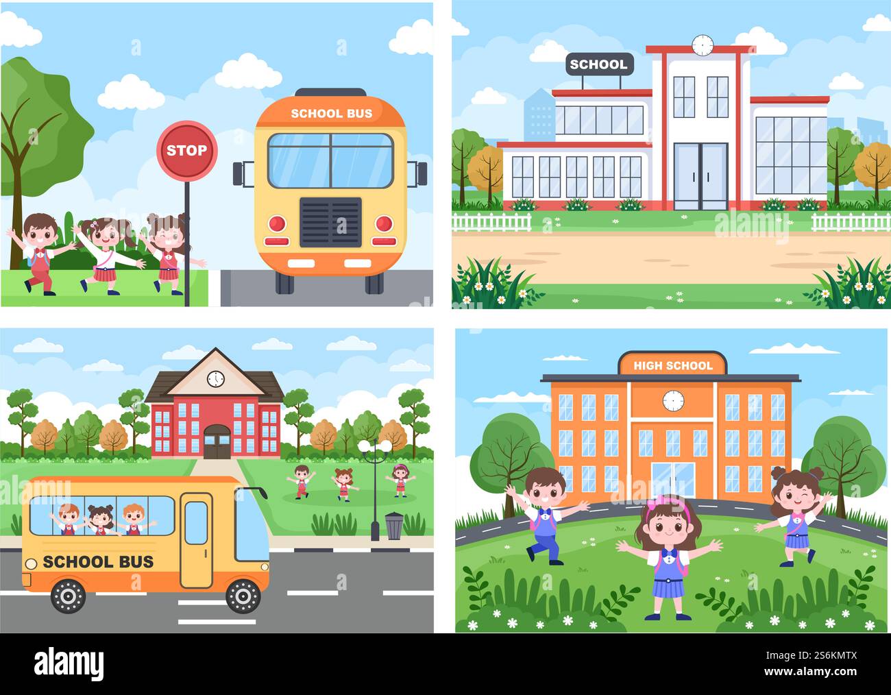 Back To School, Cute Bus and Some Children Are Playing In The Front ...