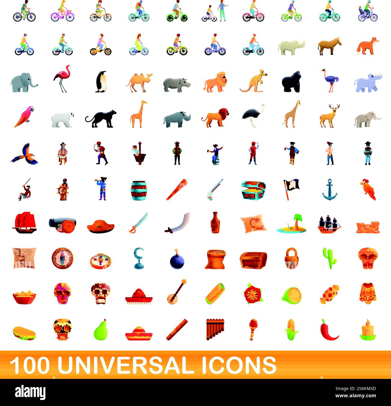 100 universal icons set. Cartoon illustration of 100 universal icons ...