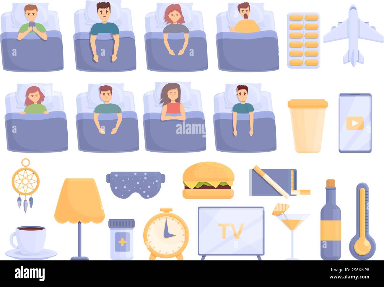 Sleep problems icons set cartoon vector. Sleep pillow and mask. Dream ...