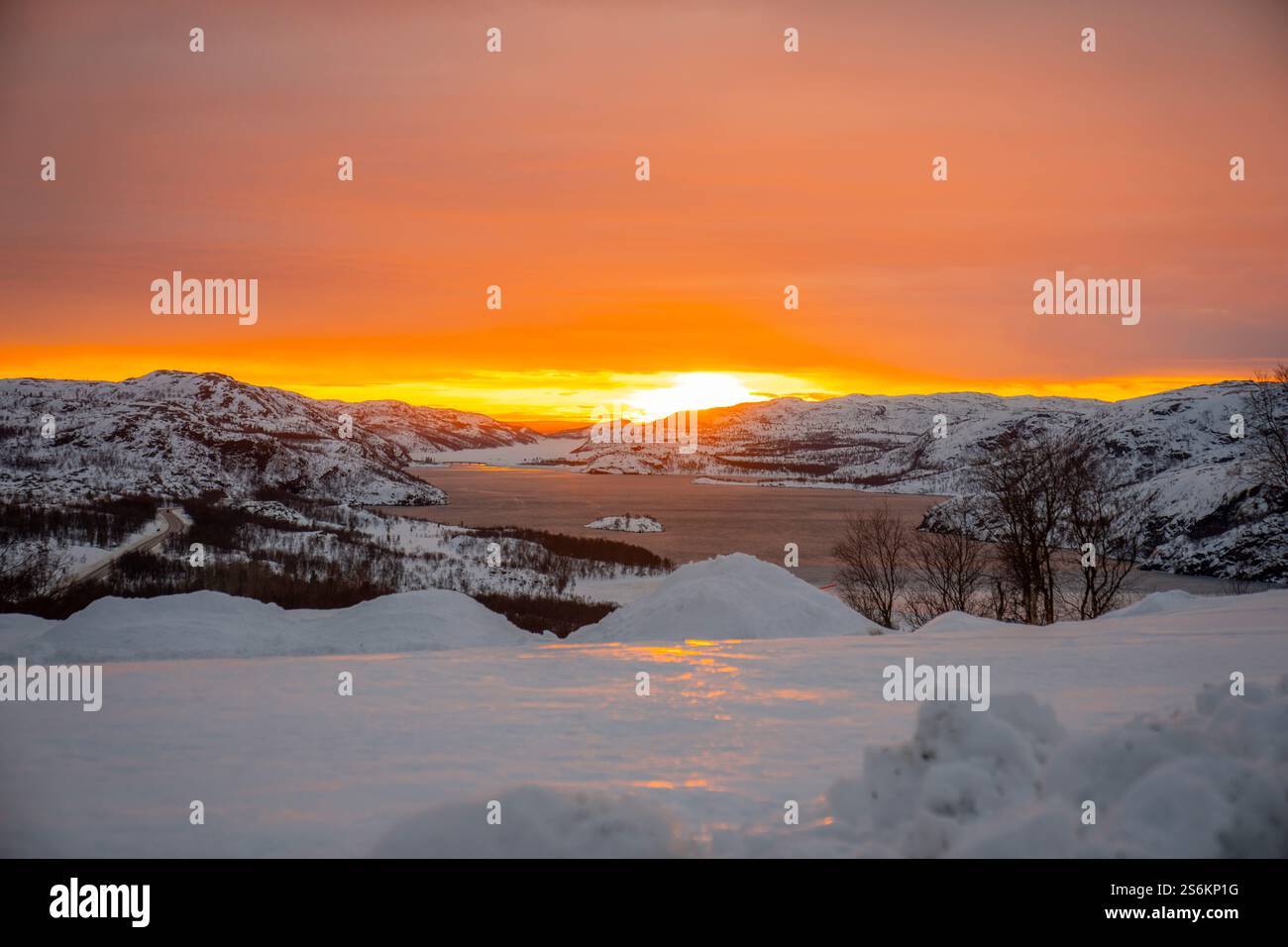 Kirkenes 20250117. Golden sky over Pasvikdalen near Kirkenes two days ...