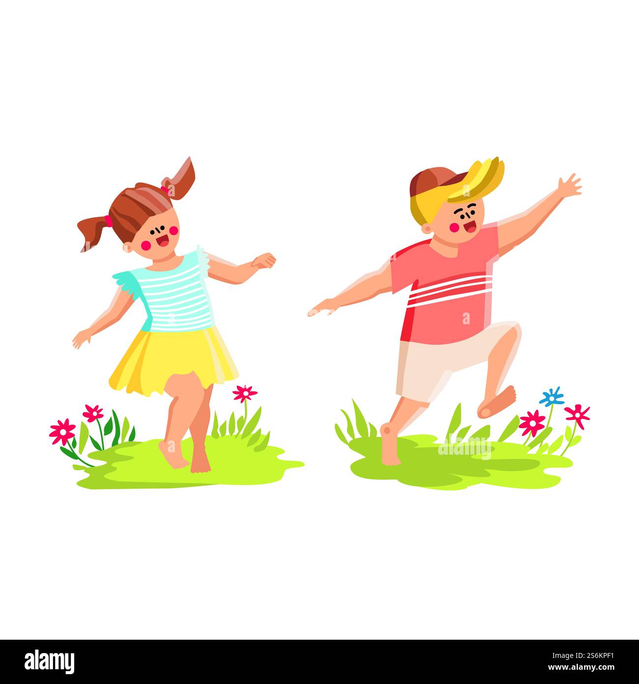 Barefoot Children Running On Flower Meadow Vector. Boy And Girl Kids ...