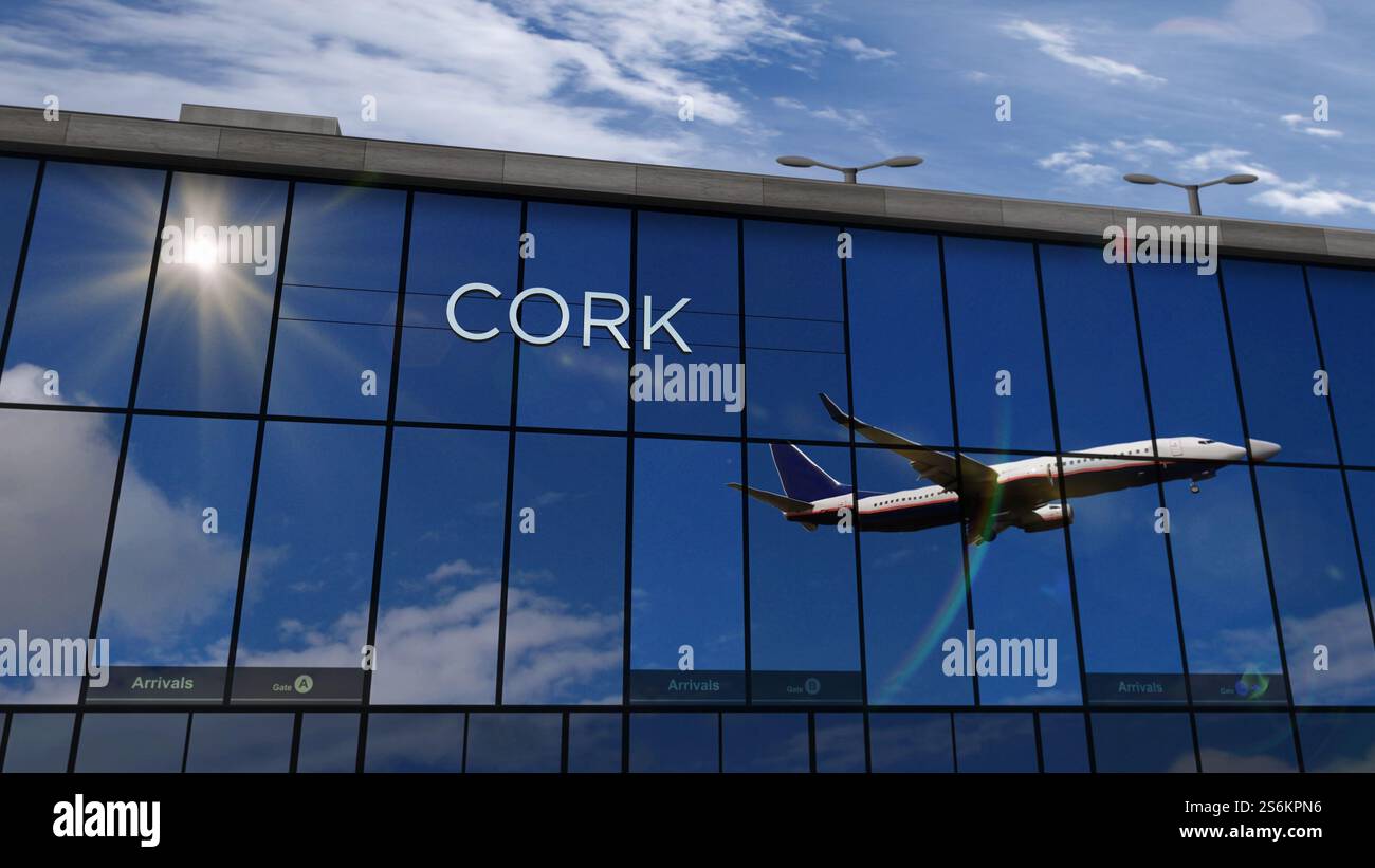 Aircraft landing at Cork, Ireland 3D rendering illustration. Arrival in ...