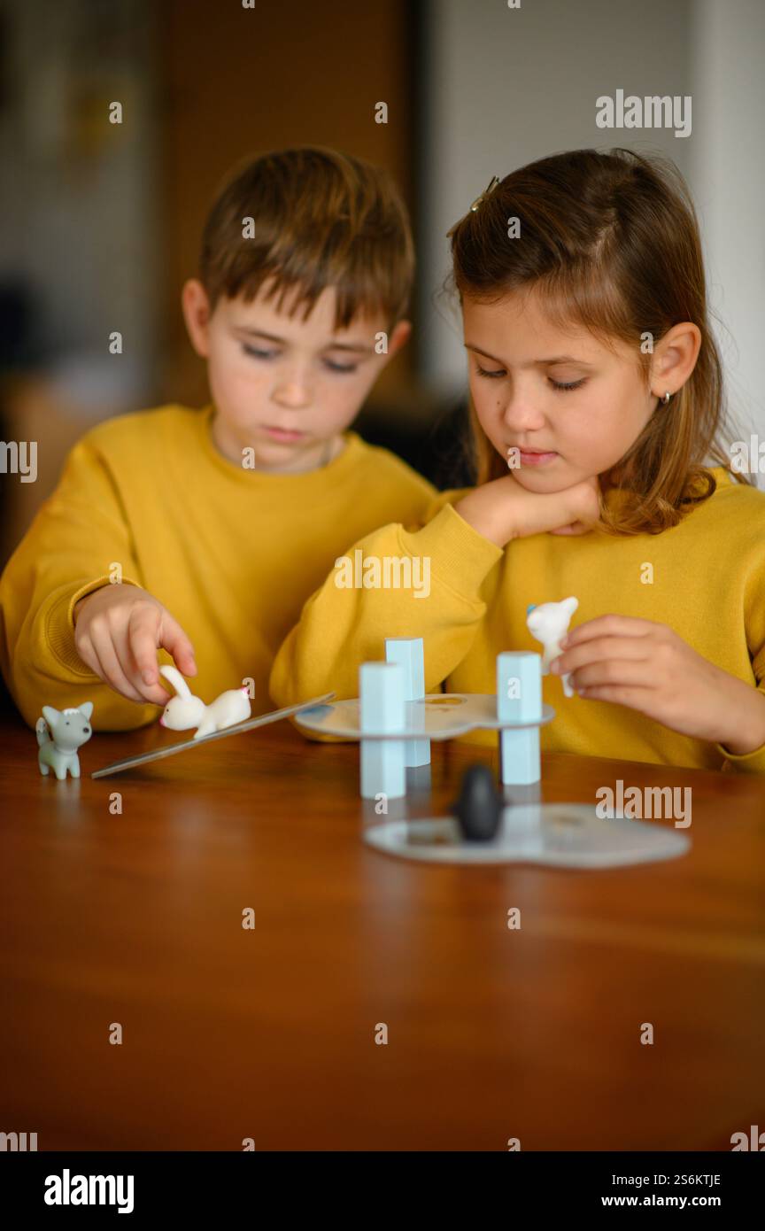A boy and girl play board games at home, enjoying their time together ...