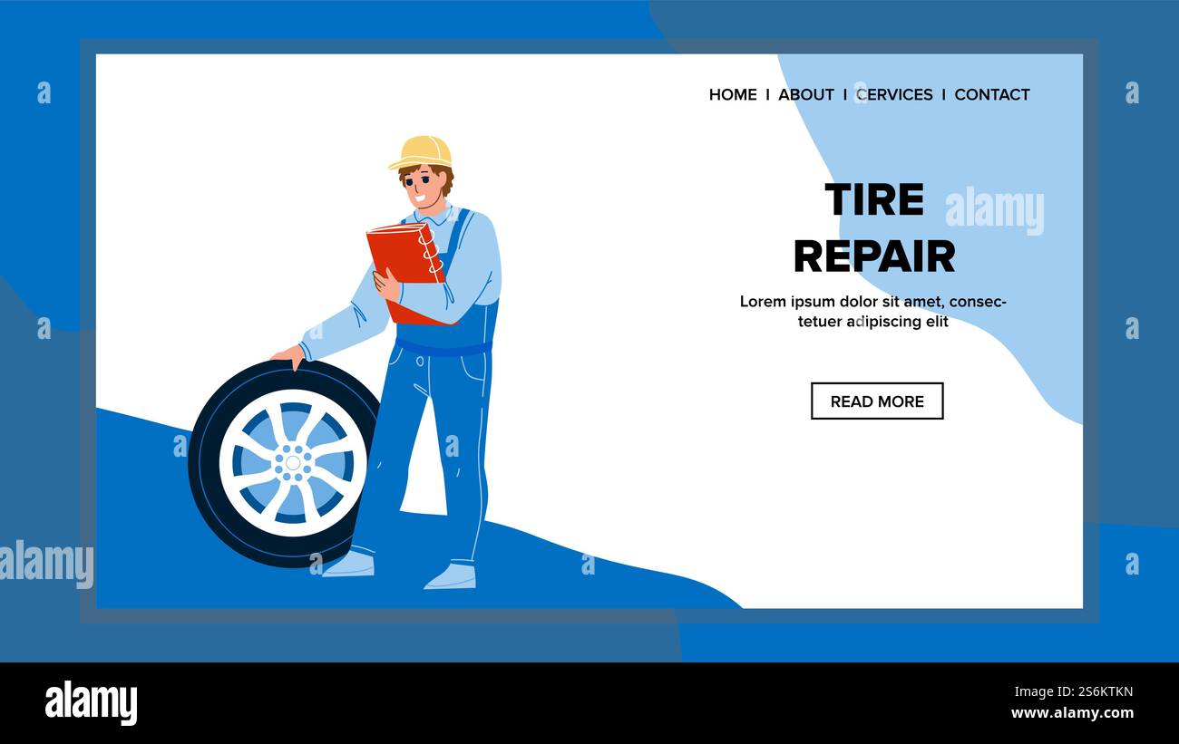 Tire Repair Worker Checking And Fix Wheel Vector. Tire Repair Vehicle ...