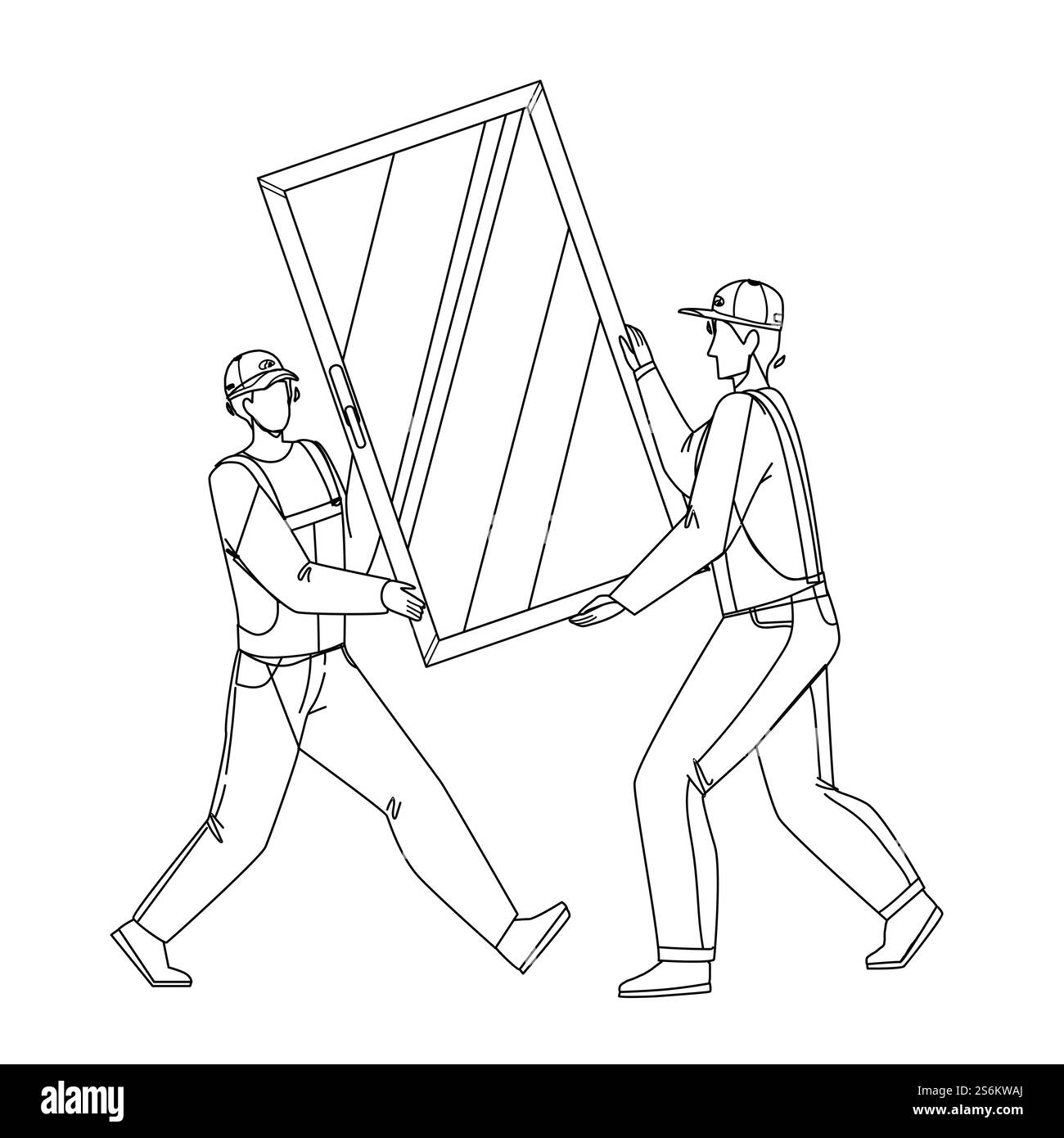 Pvc Window Carrying Men For Installing Black Line Pencil Drawing Vector ...