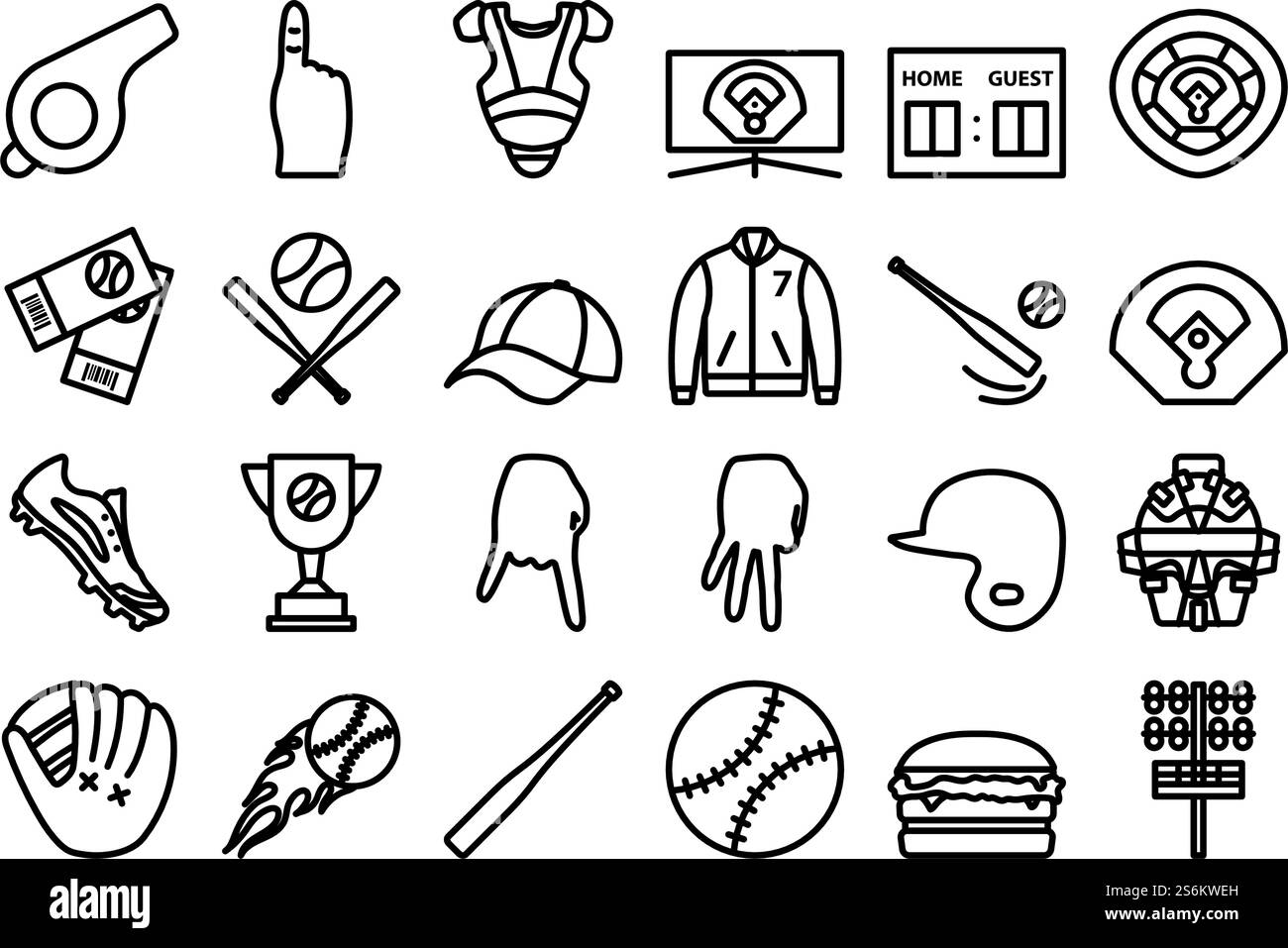 Baseball Icon Set. Editable Bold Outline Design. Vector Illustration ...