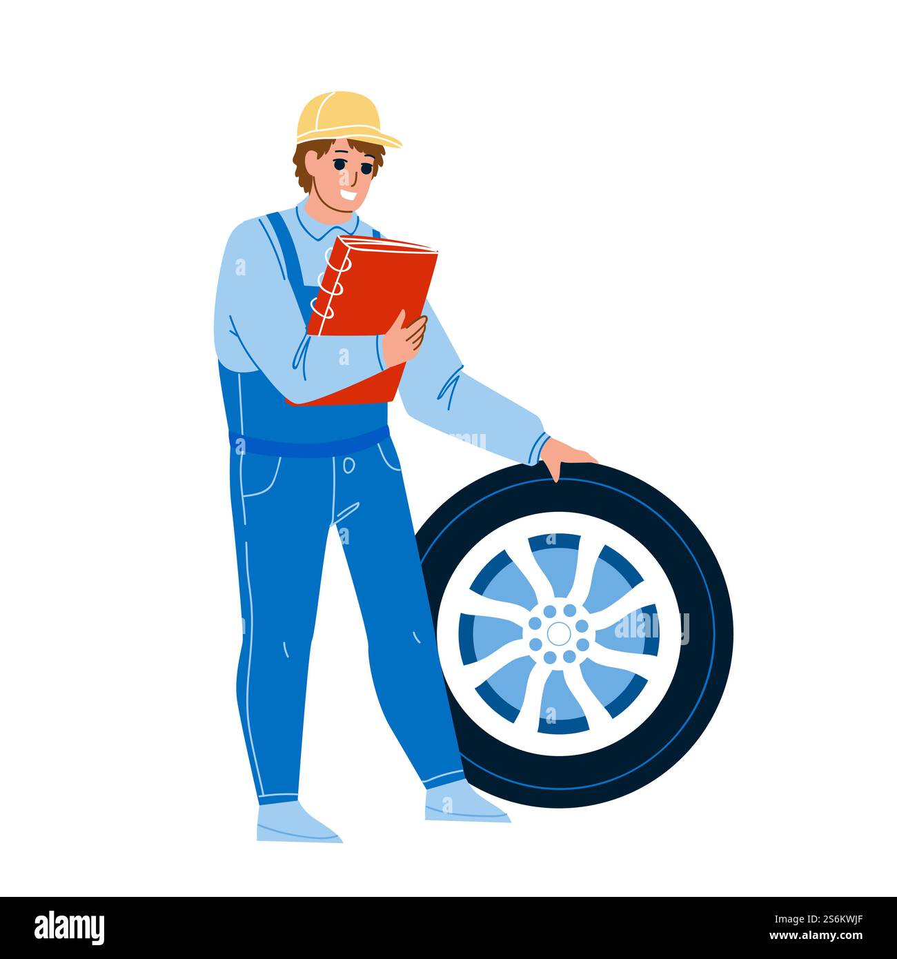 Mechanic Man Repair Flat Tire Car Wheel Vector. Vehicle Service Worker ...