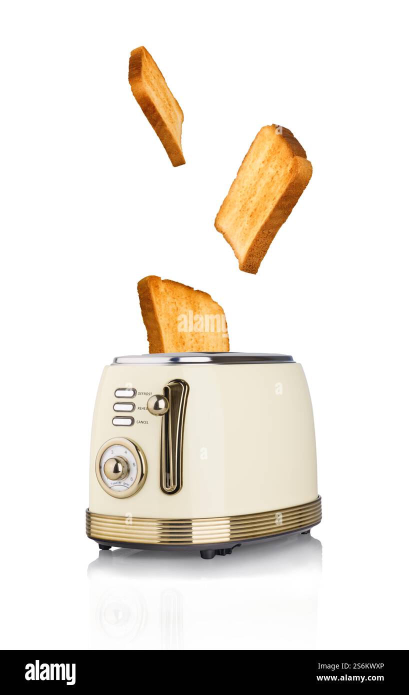 Vintage toaster and flying pieces of toasted bread for food isolated on ...